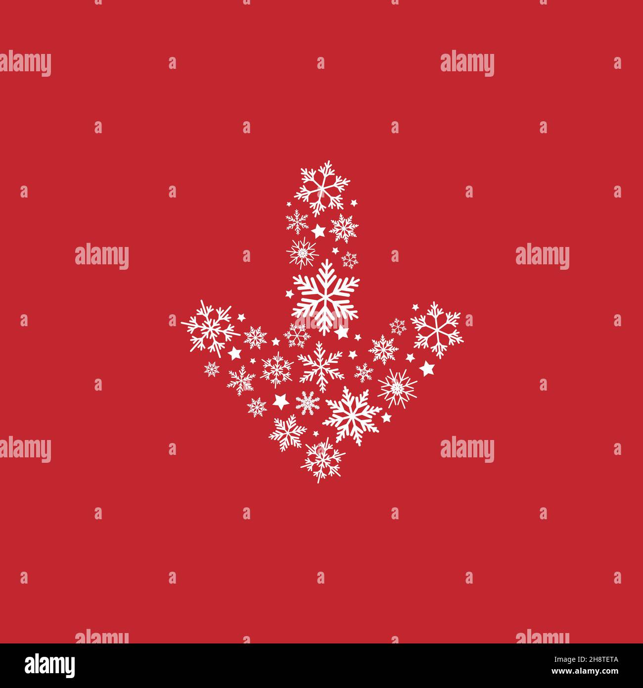white down arrow made of snowflakes. Vector icon isolated on red ...