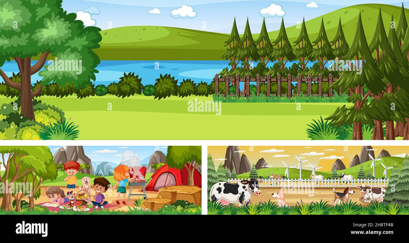 Set of different outdoor landscape scenes with cartoon character ...