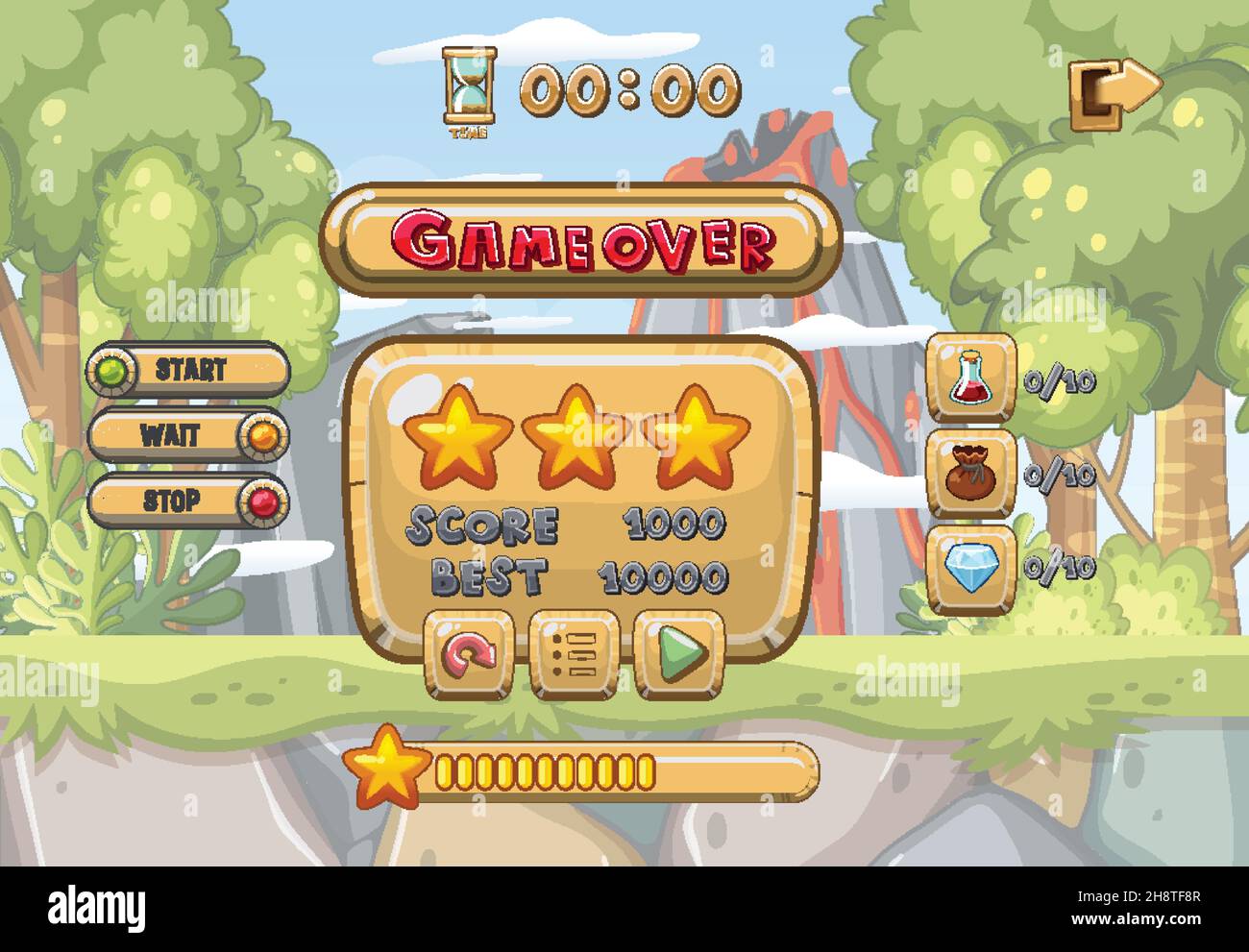 Game user interface with game over and three stars illustration Stock ...