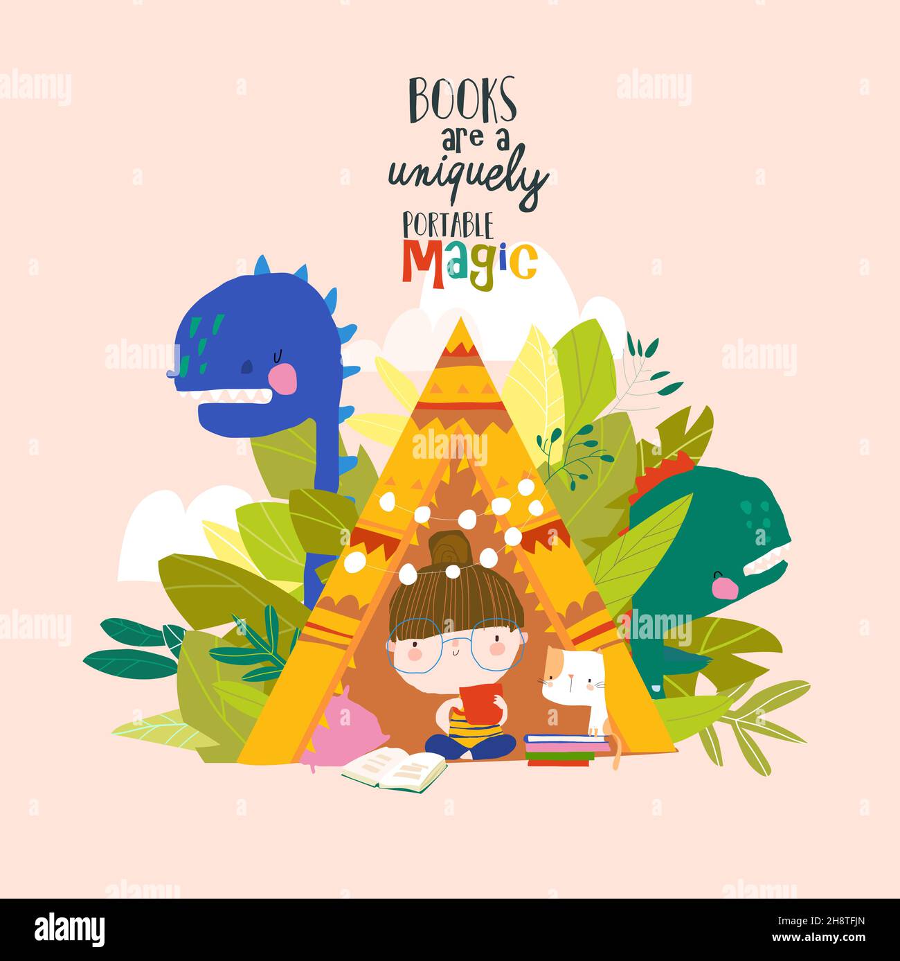 Cute Cartoon Girl reading Book in a Teepee Tent Stock Vector Image ...