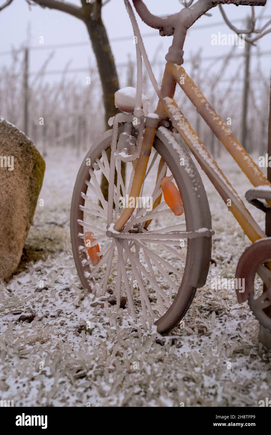 Frozen bike covered with ice. Frozen bike in the middle of wintry ...