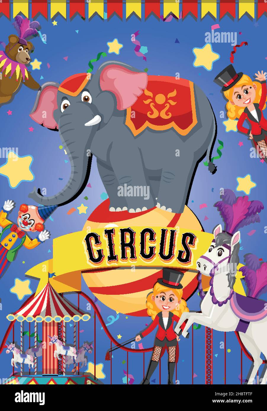 Circus banner design on with circus animal character illustration Stock ...