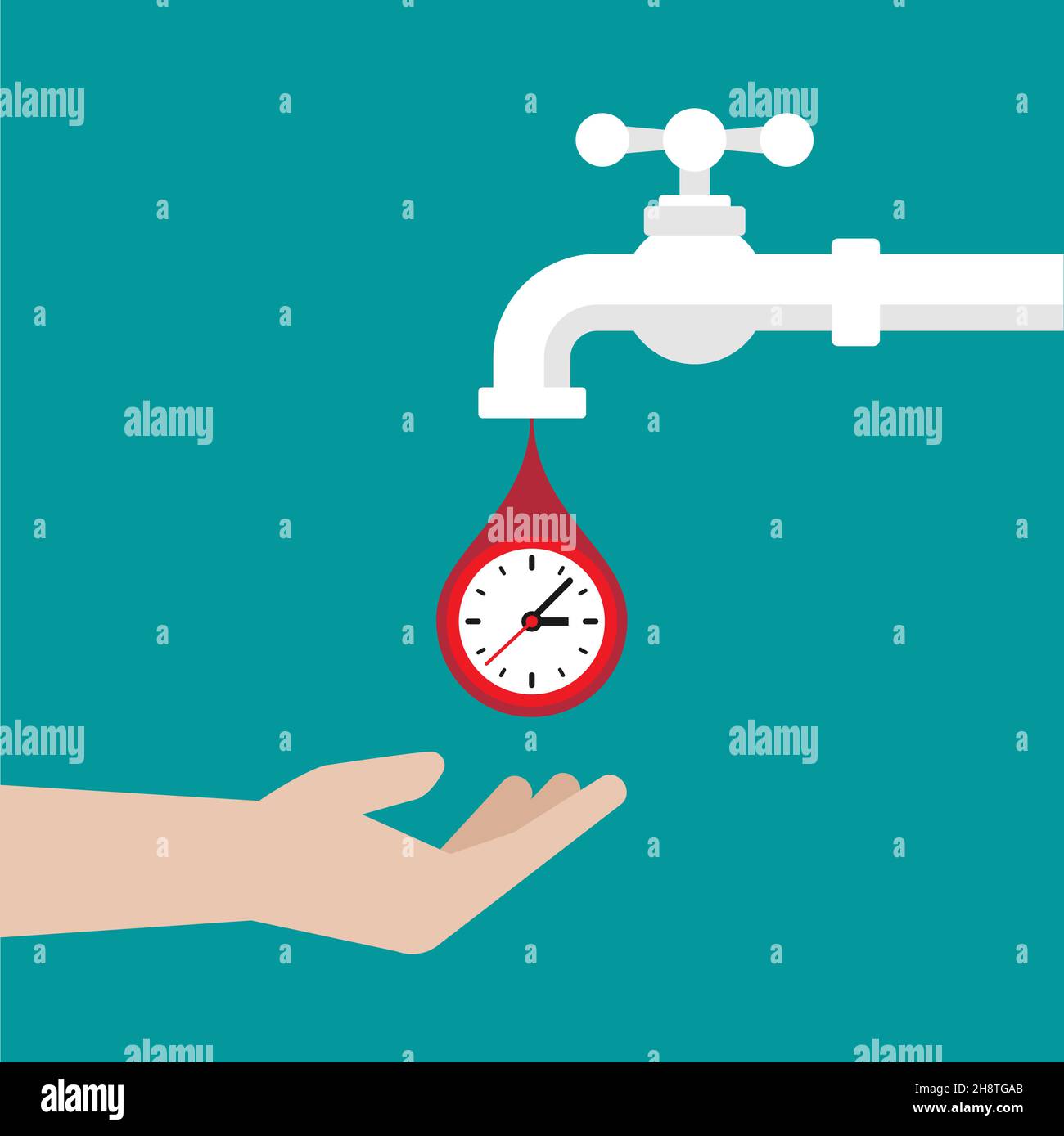 Hand with tap or faucet with time drops. Clock with limited offer ...
