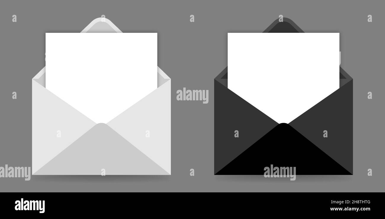 Black and white open envelopes with paper sheet. Realistic mockup Stock ...