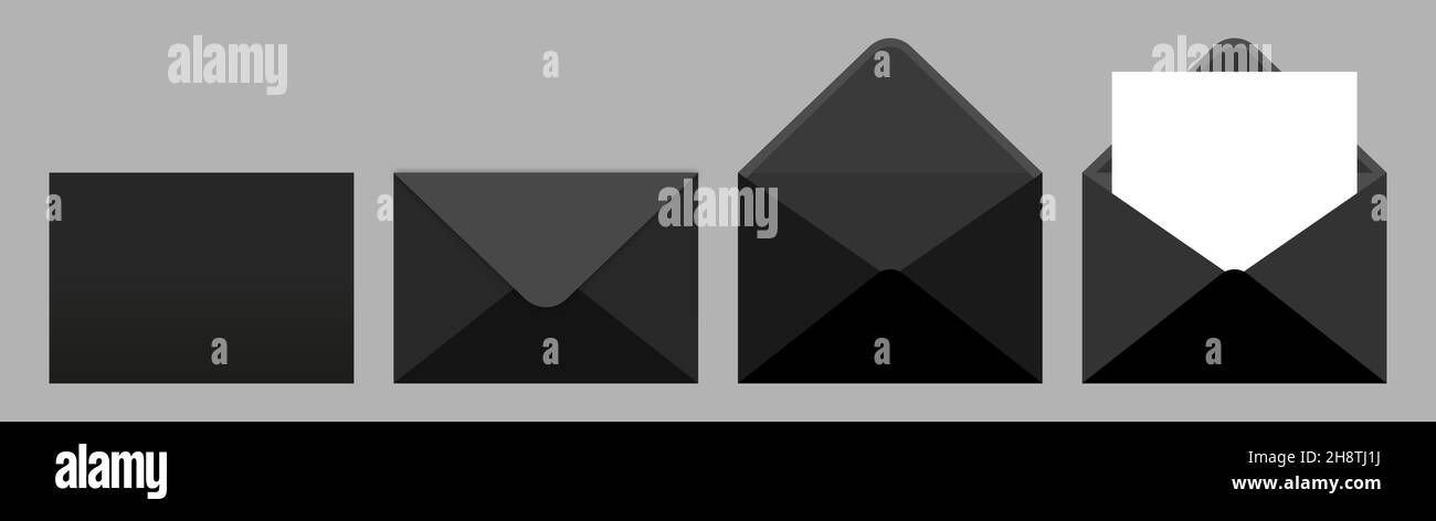 Set of realistic black envelopes in different positions. Folded and unfolded envelope mockup ...