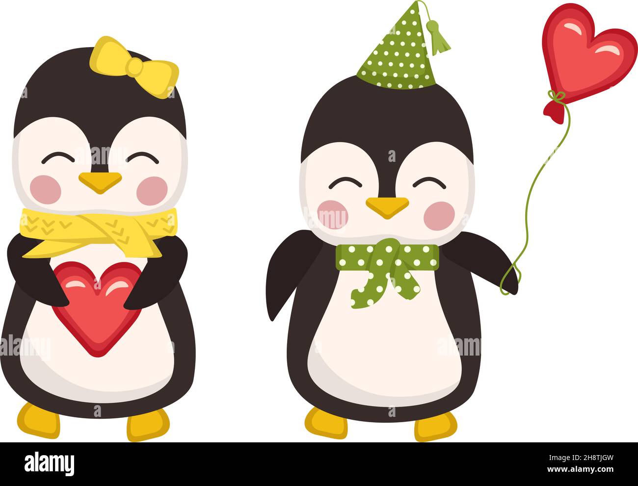 Cute penguins in love in childish style with red heart and balloon ...