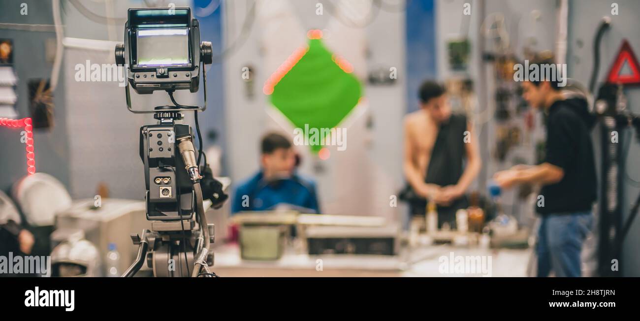 Behind the scene. Film crew team filming movie scene on studio. Group ...