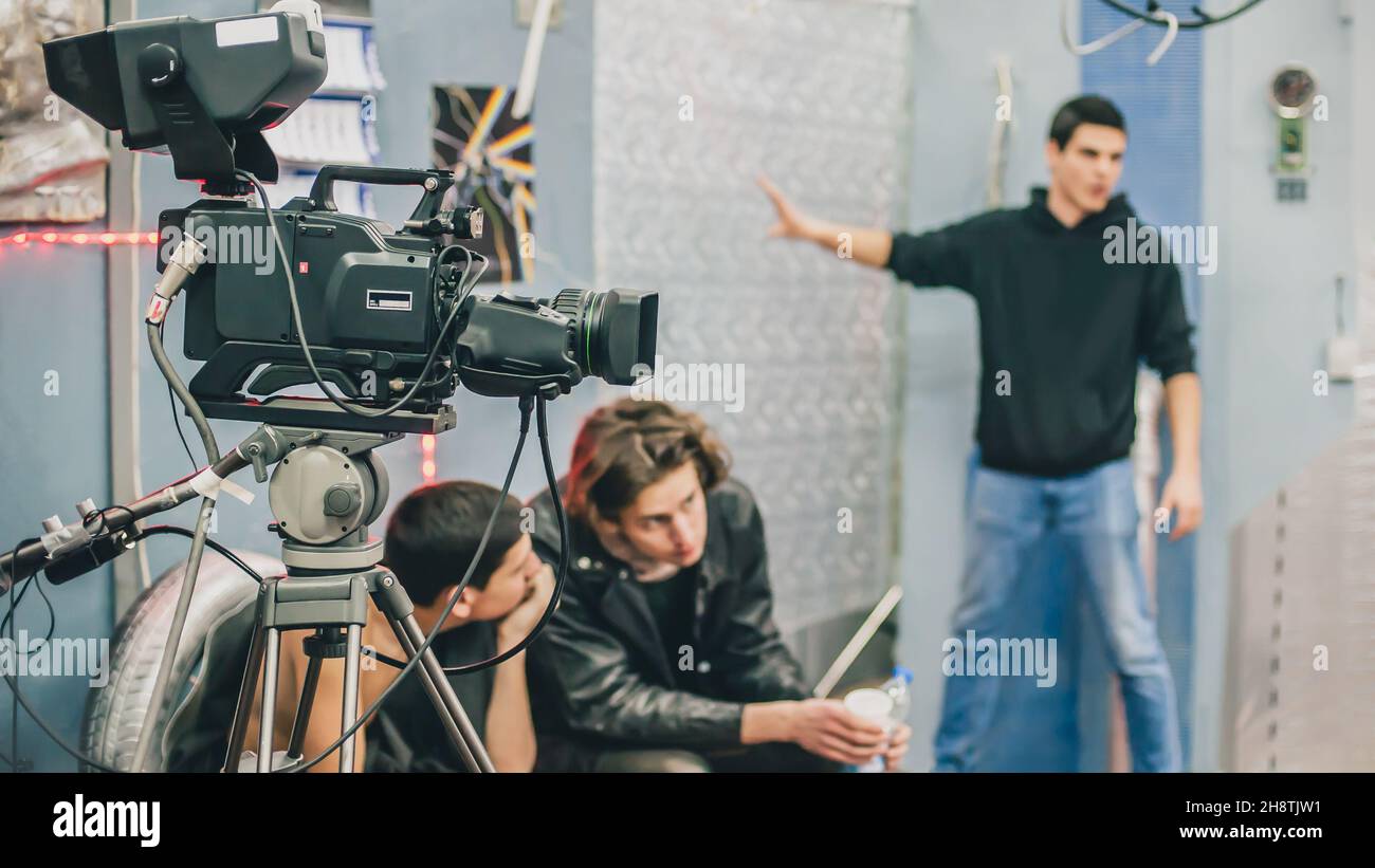 Behind the scene. Film crew team filming movie scene on studio. Group ...