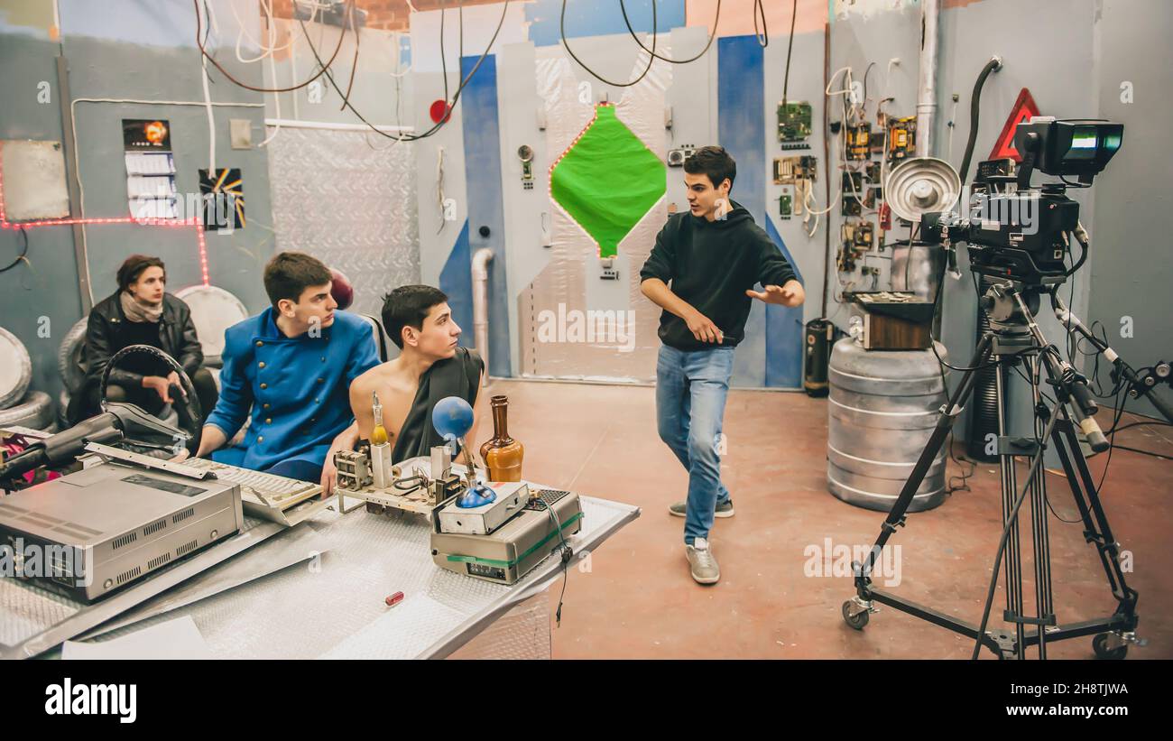 Behind the scene. Film crew team filming movie scene on studio. Group ...