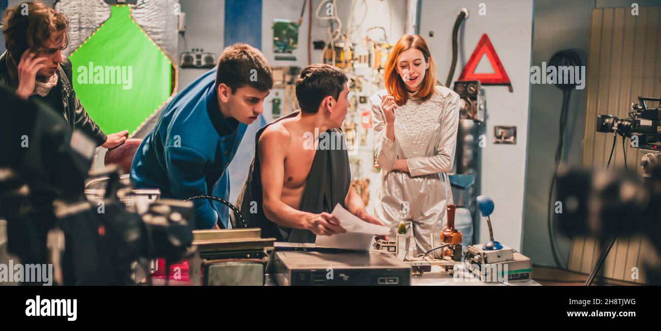 Behind the scene. Film crew team filming movie scene on studio. Group ...