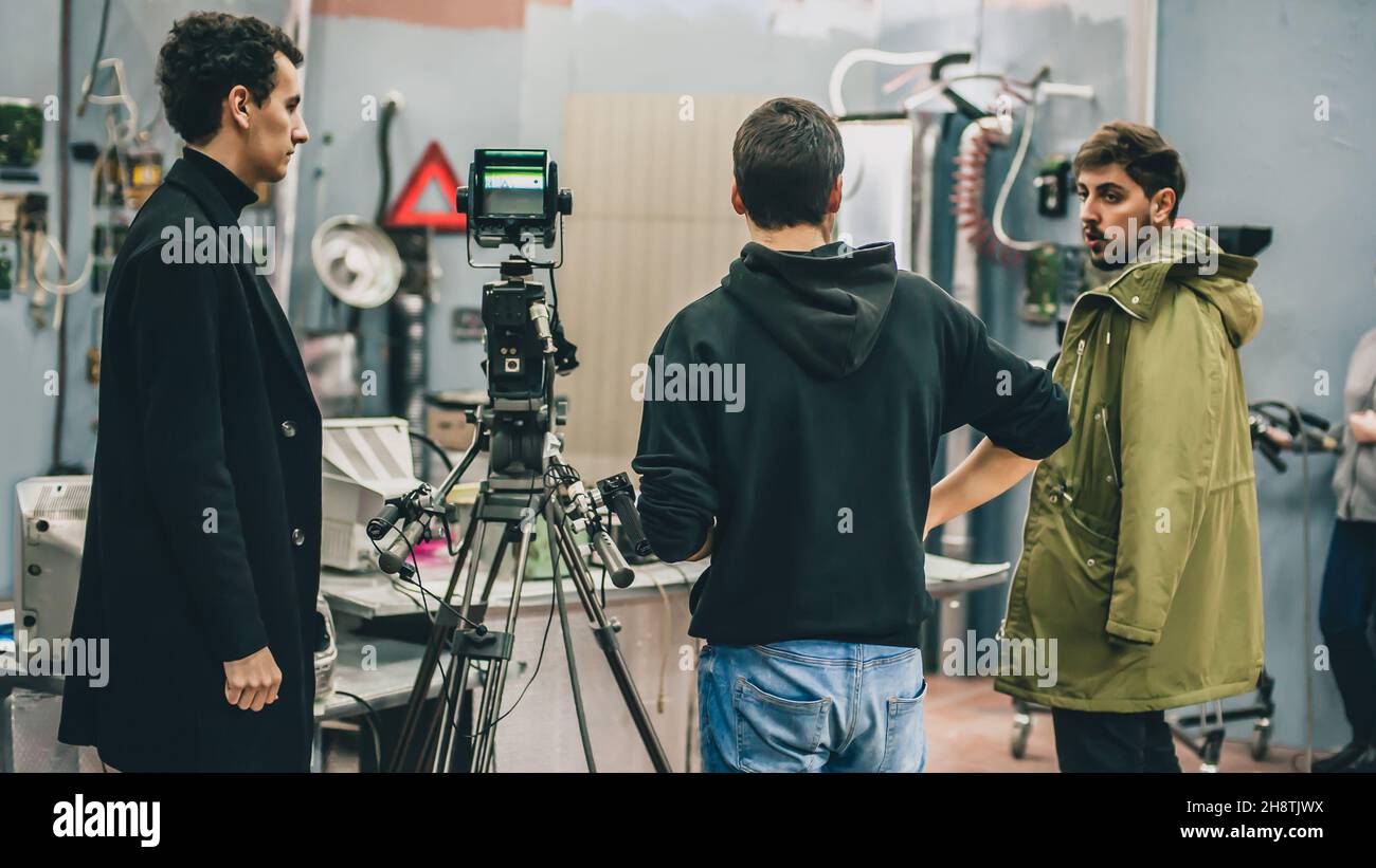 Behind the scene. Film crew team filming movie scene on studio. Group ...