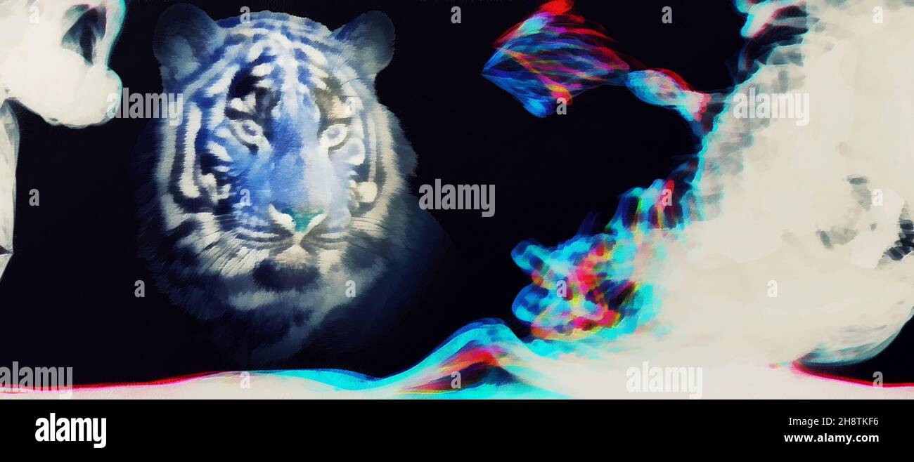 Tiger head and smoke on a dark background. Chromatic aberration ...