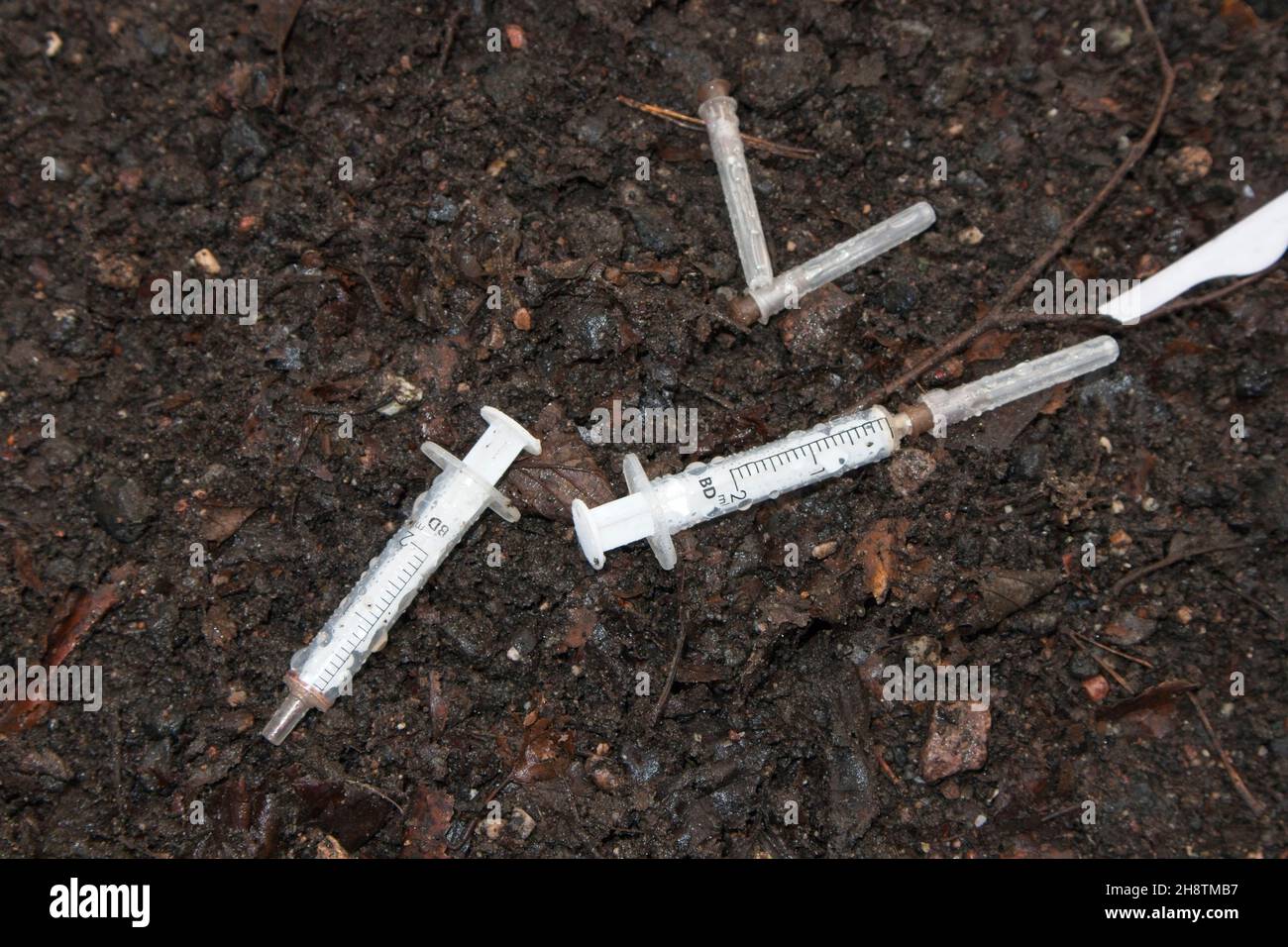 Used syringes and needles on the ground Stock Photo - Alamy