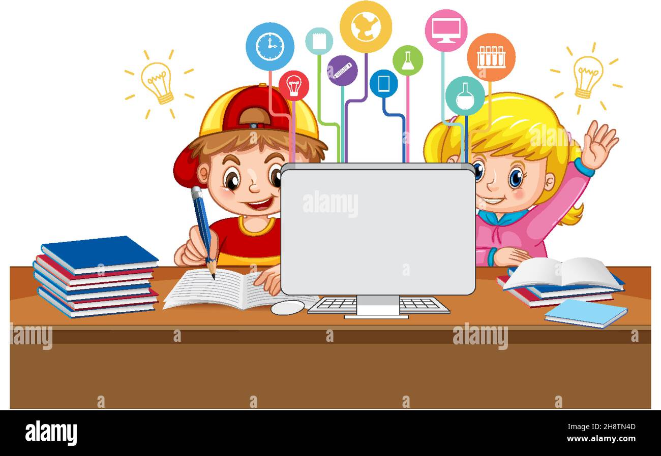 School kids study in front of computer illustration Stock Vector Image ...