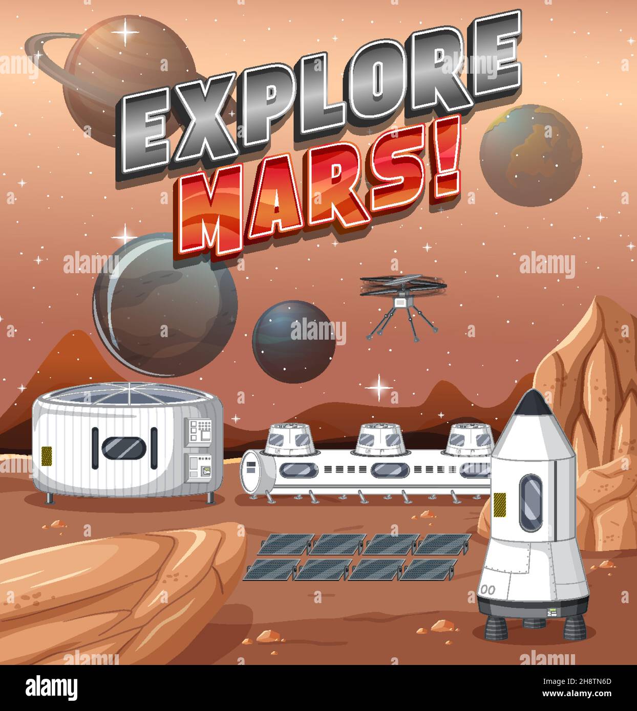 Space station on planet with Explore Mars logo illustration Stock ...