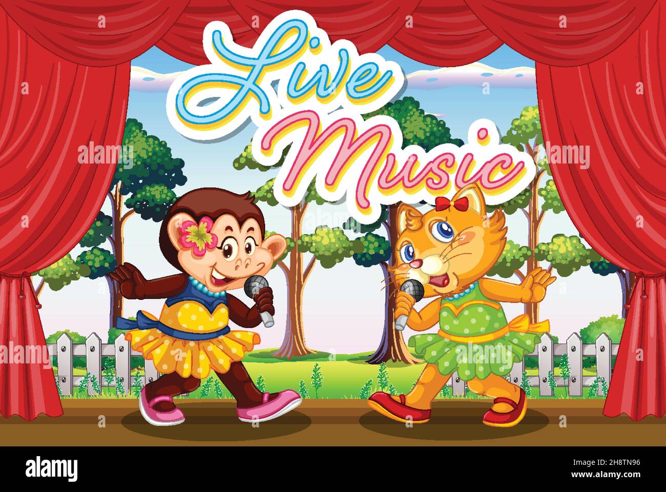 Cat and monkey performing singing on stage illustration Stock Vector ...