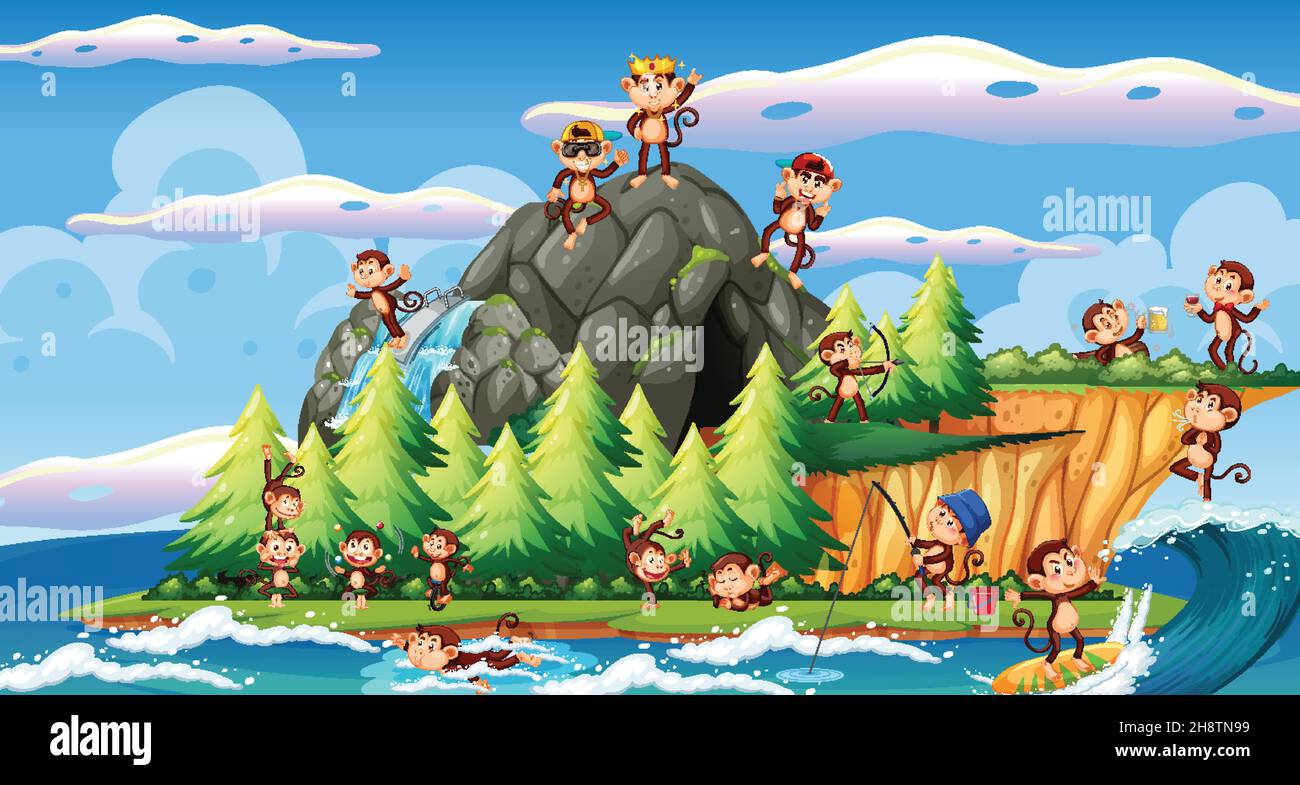 Island scene with many monkey cartoon characters illustration Stock ...