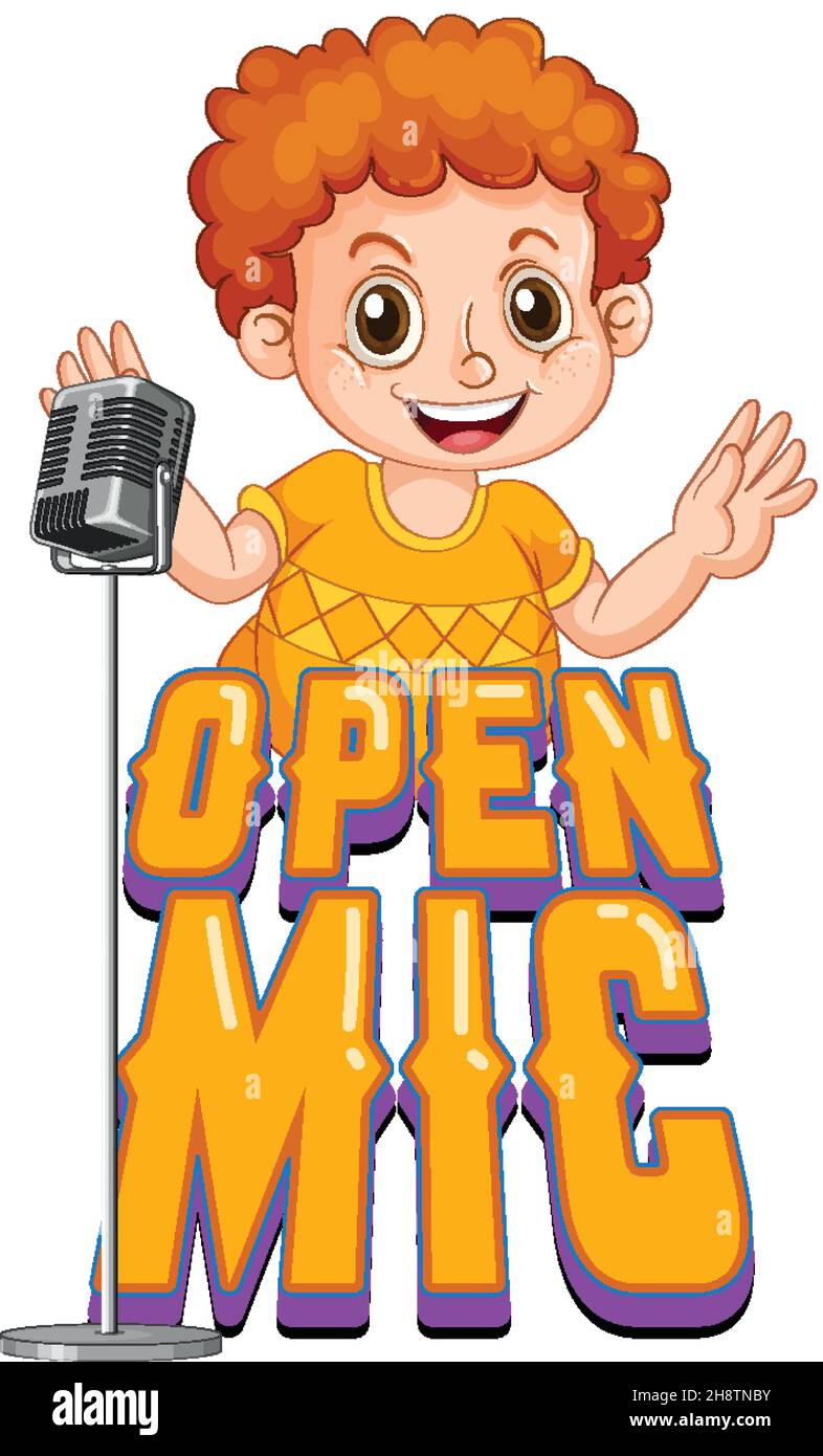 Open mic logo design with singer boy cartoon character illustration ...