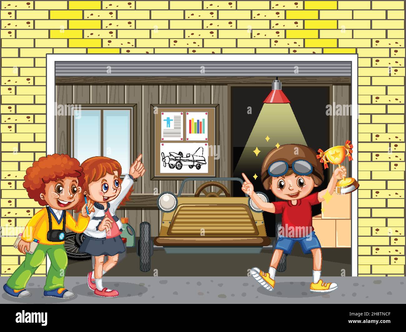 Garage scene with children fixing a car together illustration Stock ...