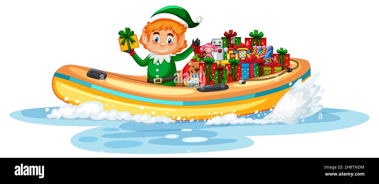 Christmas elf on speed boat with his gifts illustration Stock Vector ...