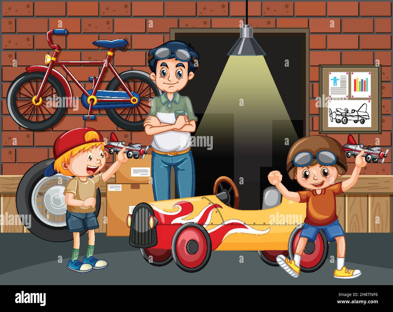 Garage scene with children fixing a car together illustration Stock ...