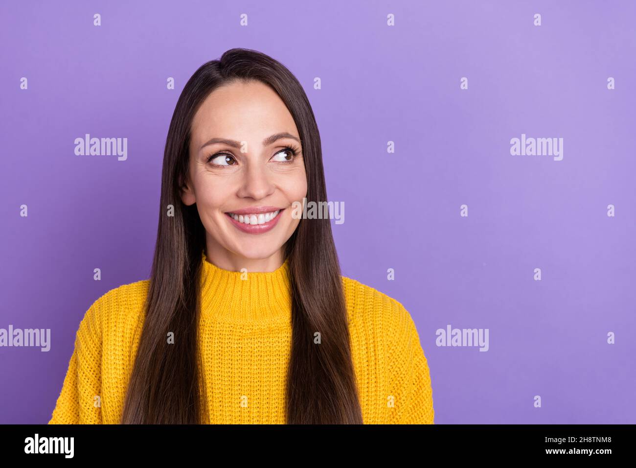Photo Of Impressed Brunette Mature Lady Look Empty Space Wear Yellow