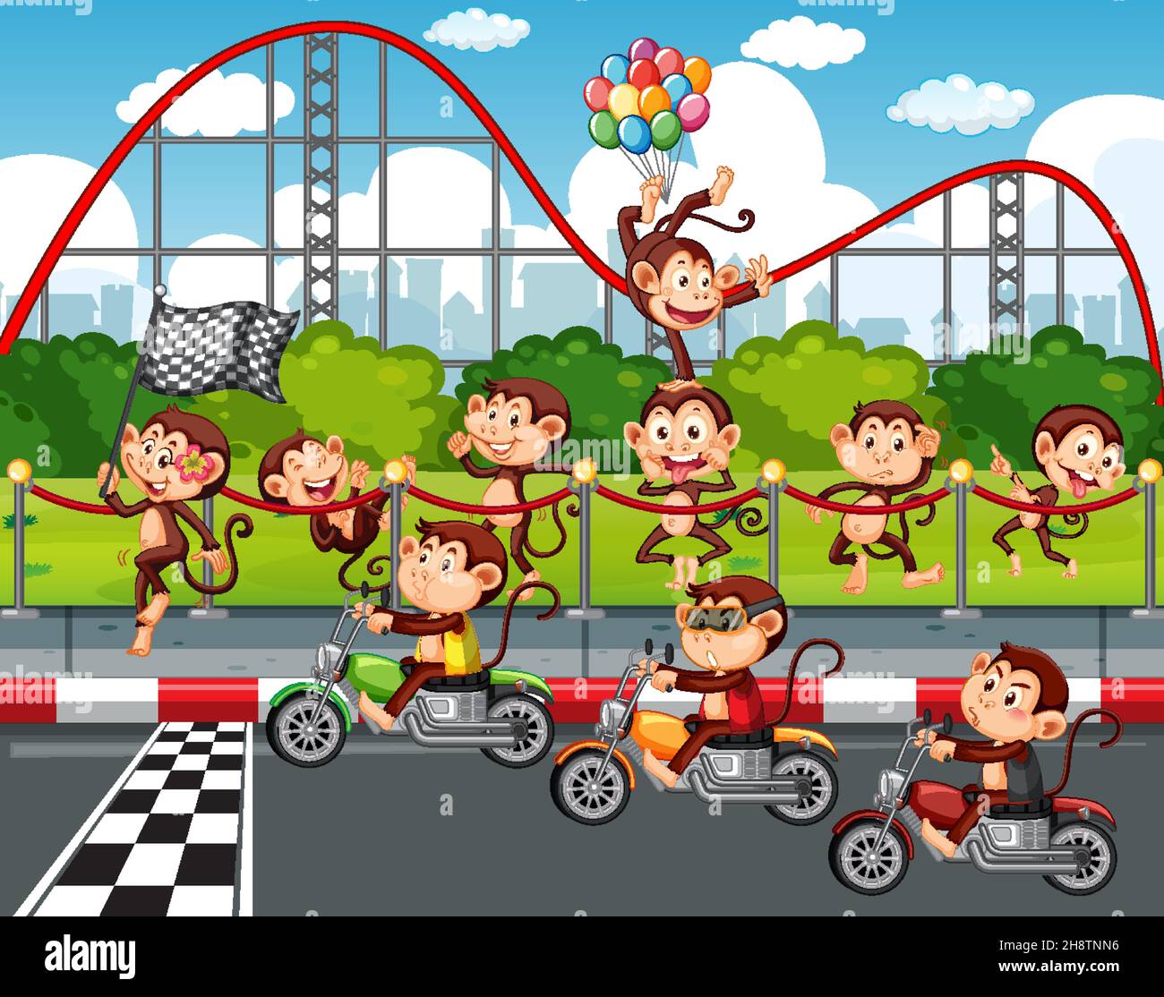 Race track scene with monkeys riding motorcycles illustration Stock ...