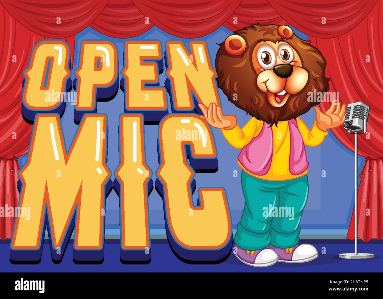 Open Mic Banner Design With Lion Cartoon Performing Singing ...