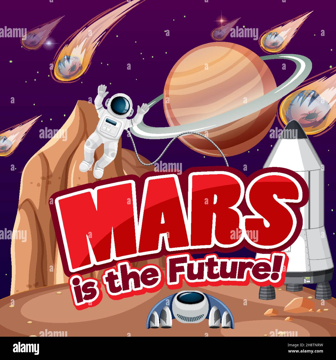 Mars is the future cartoon banner with astronaut on planet illustration ...