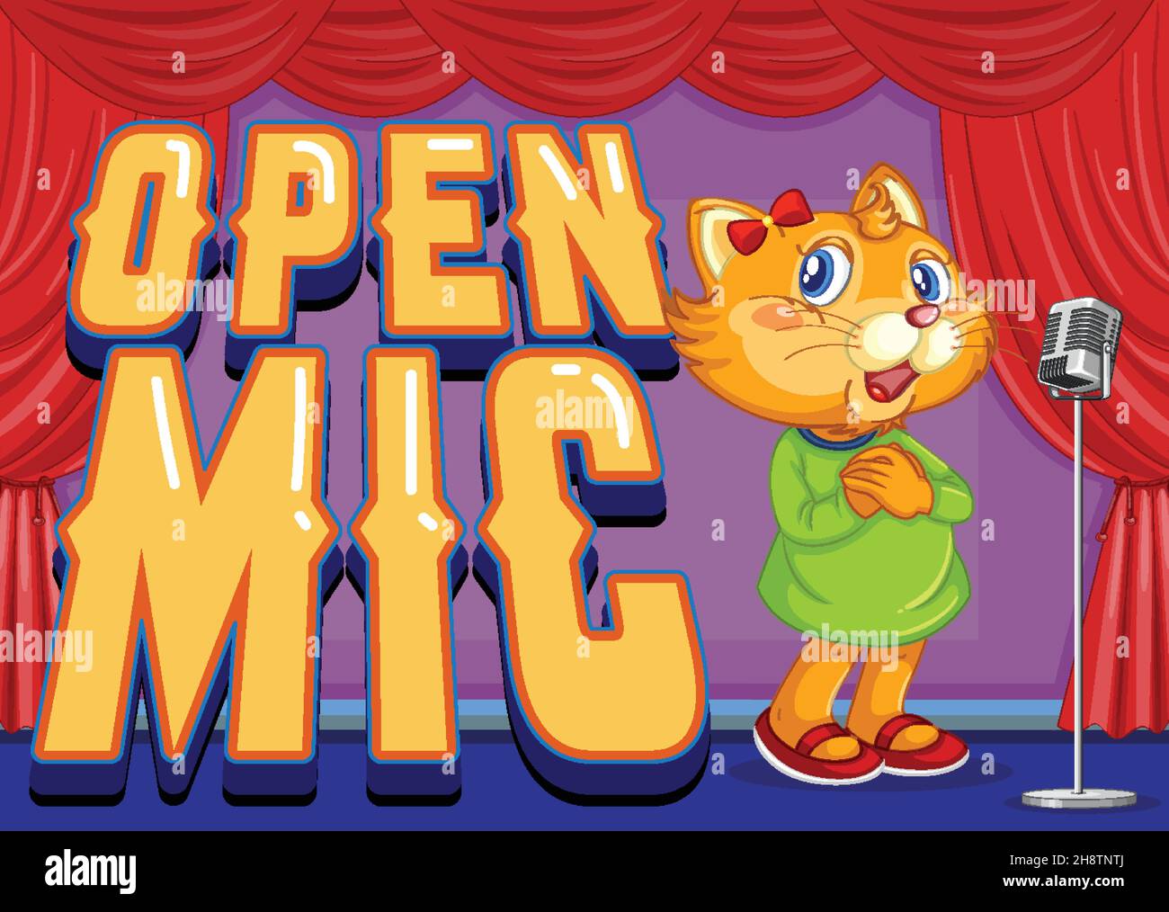 Open Mic Banner Design With Little Cat Performing Singing illustration ...