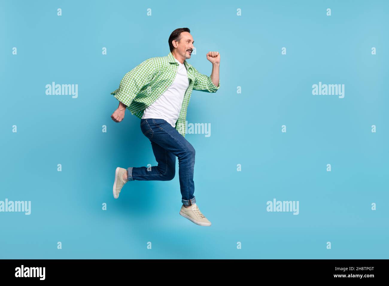 Full length body size view of attractive cheery motivated man jumping ...