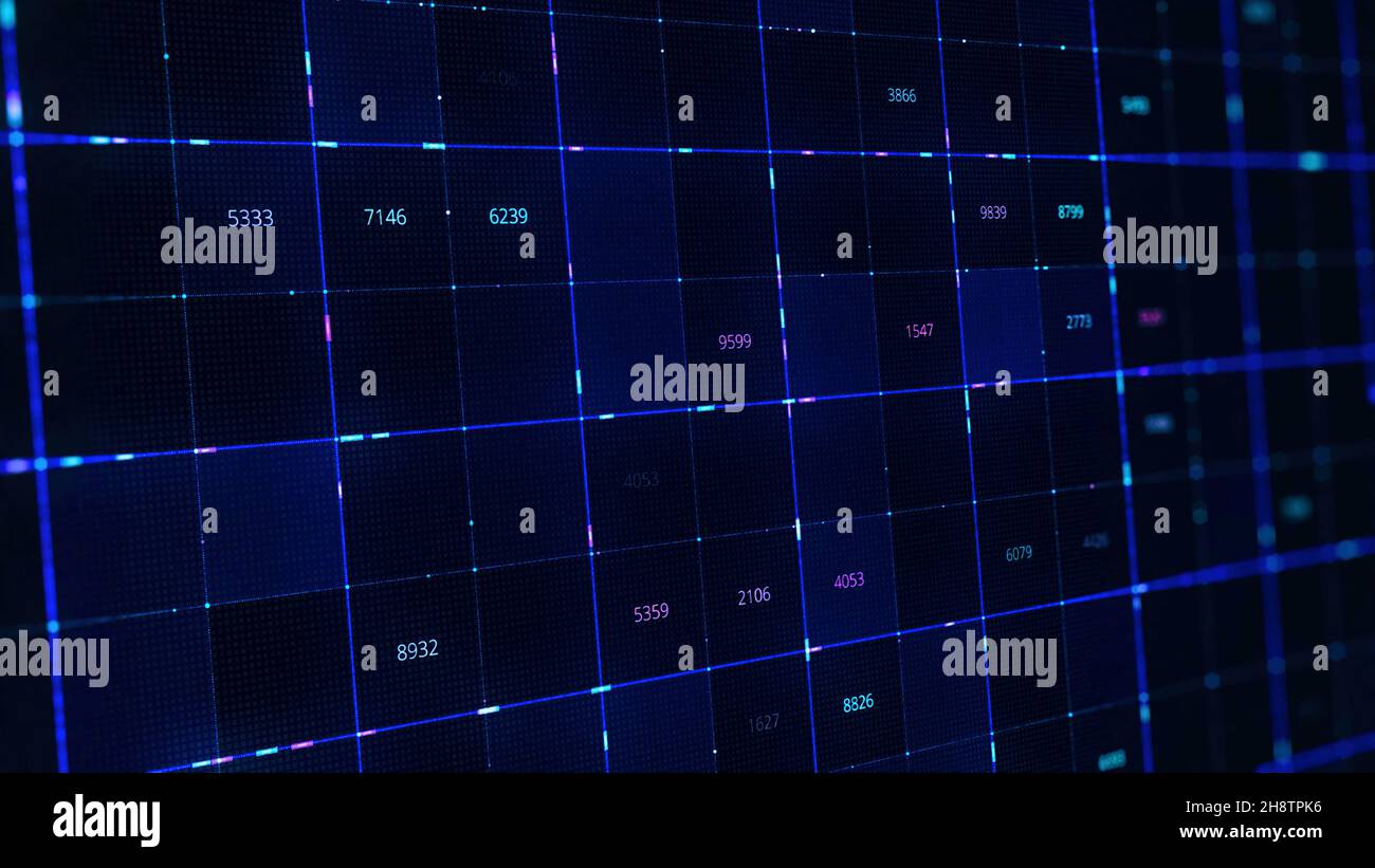 Changing data in numeric table. Animation. Neon digital is table with changing numbers in cells ...