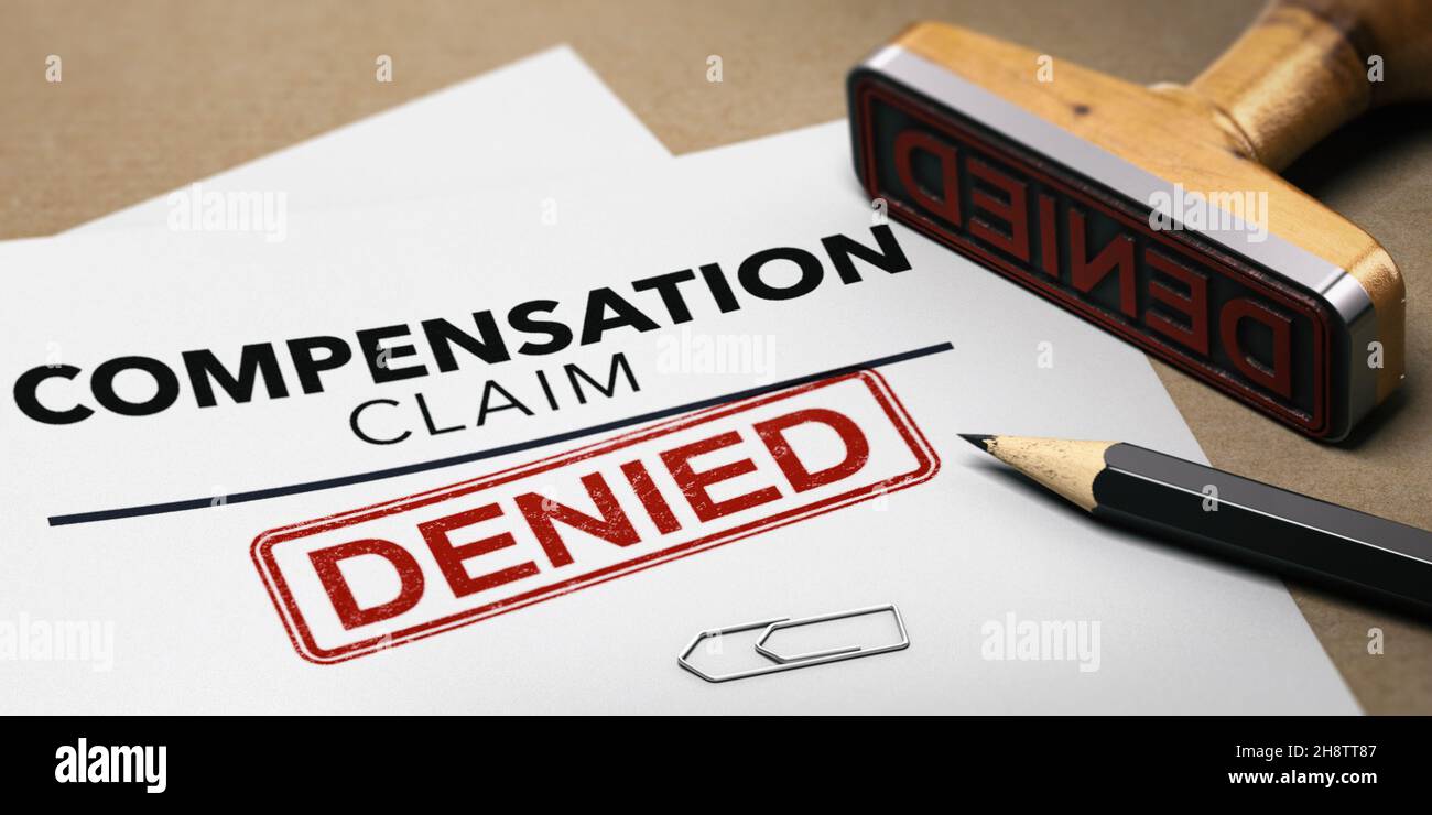 3d illustration of a worker compensation claim with a stamp denied ...