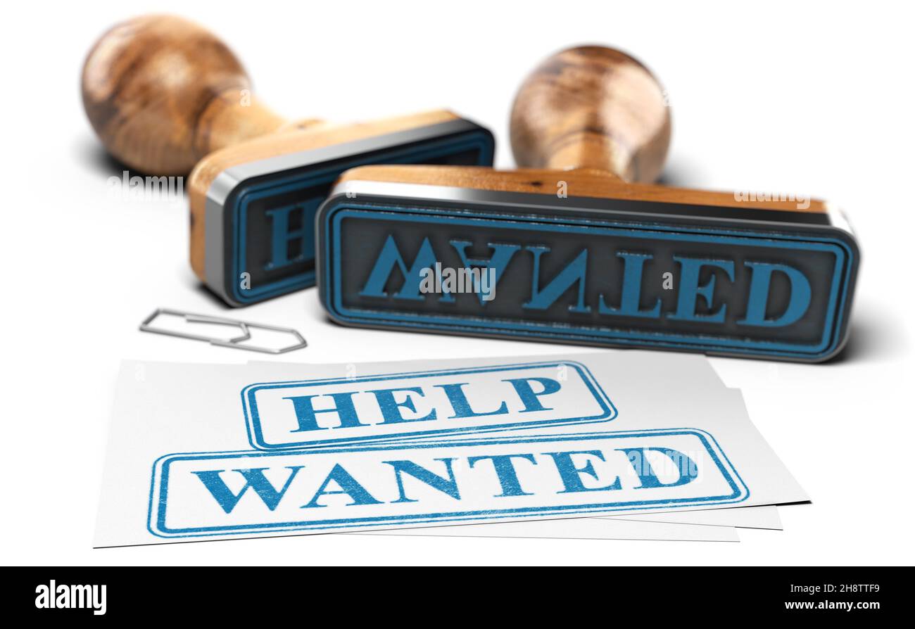 3d illustration of two rubber stamps with the text help wanted written ...