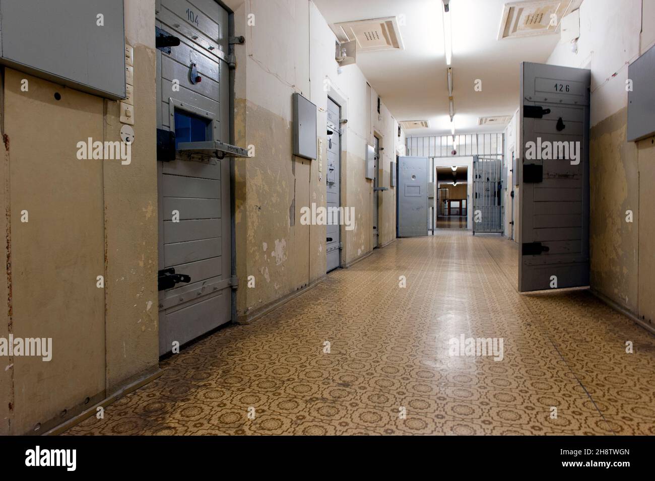 Berlin, Germany. Underground corridor and prison cells inside the ...
