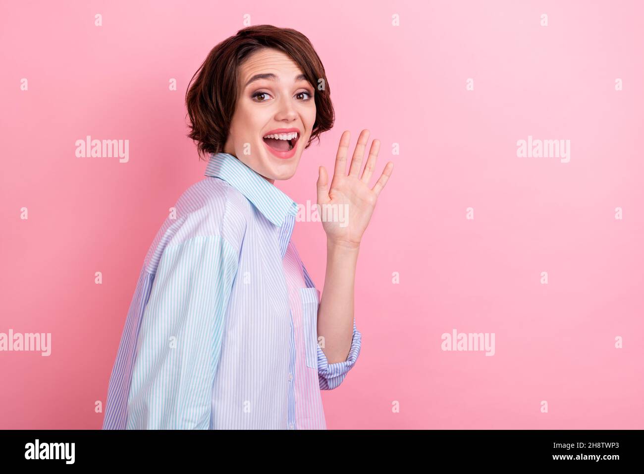 Profile side photo of young excited woman happy positive smile wave ...