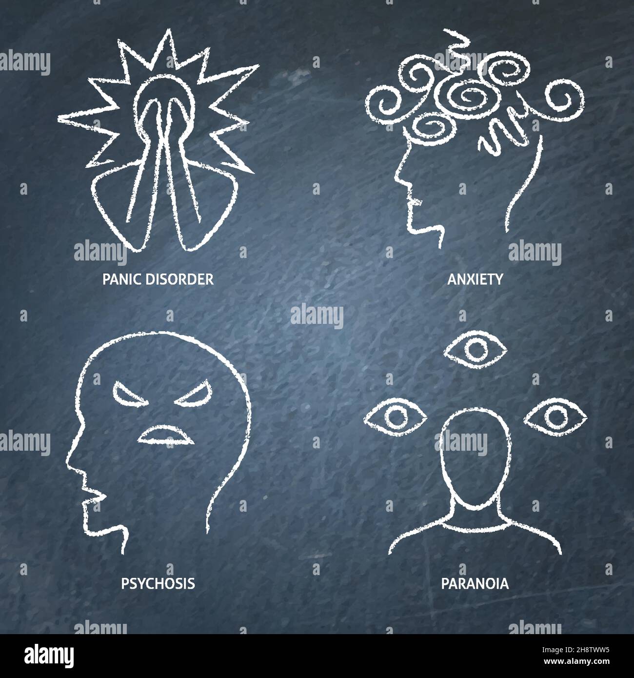 Chalkboard mental disorders icon set in line style. Panic attack ...