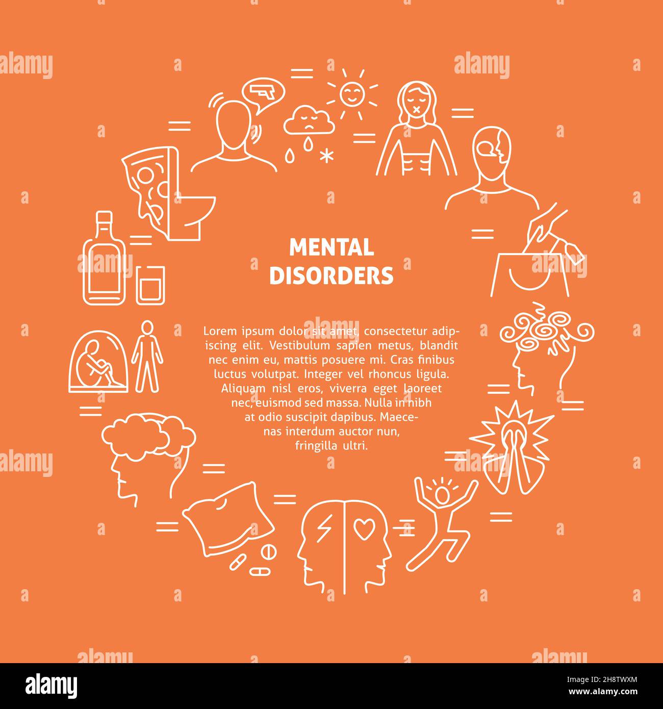 Mental disorders round frame poster in thin line style. Psychology ...