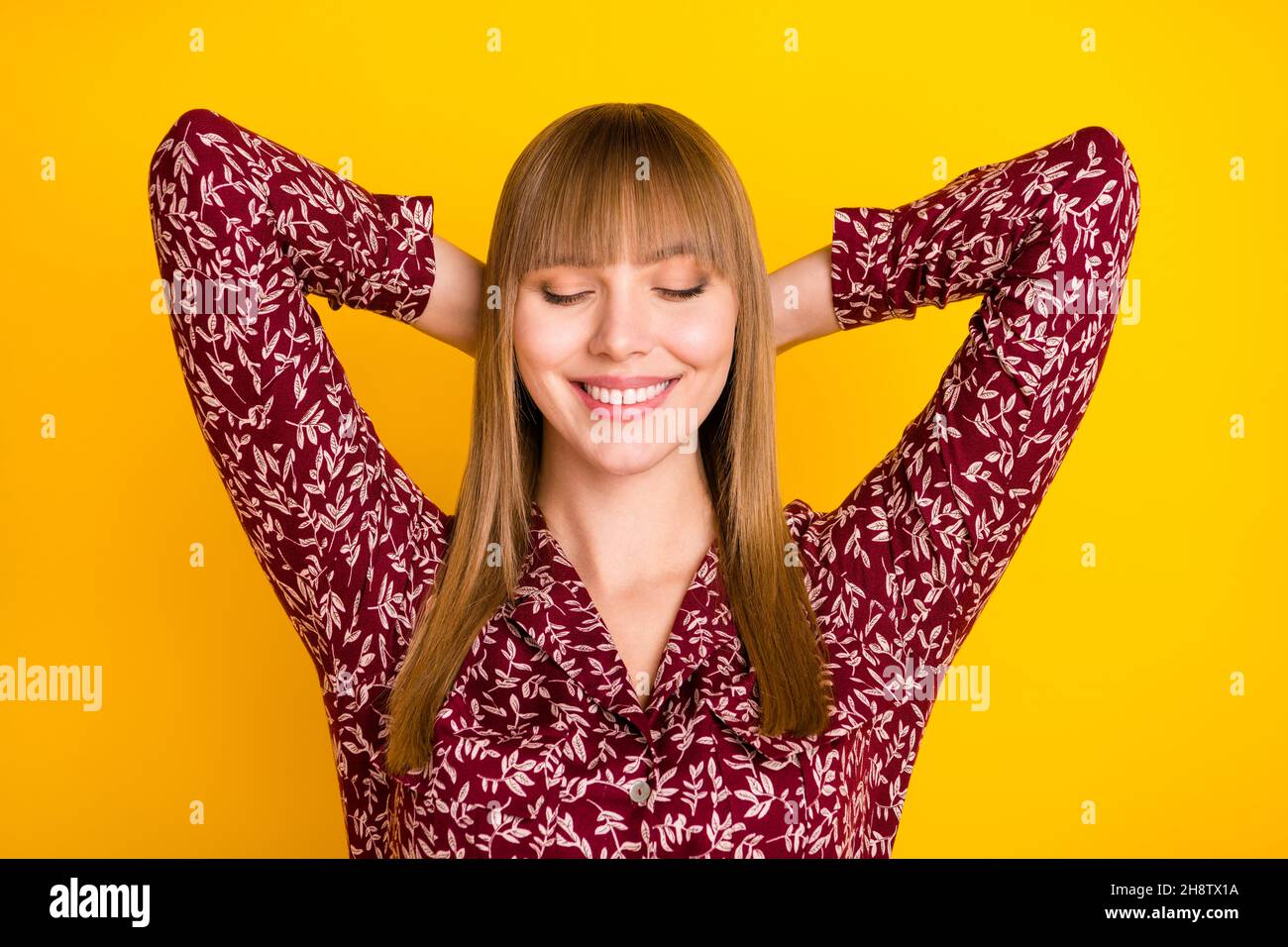 Top above high angle photo of young woman happy positive smile rest ...