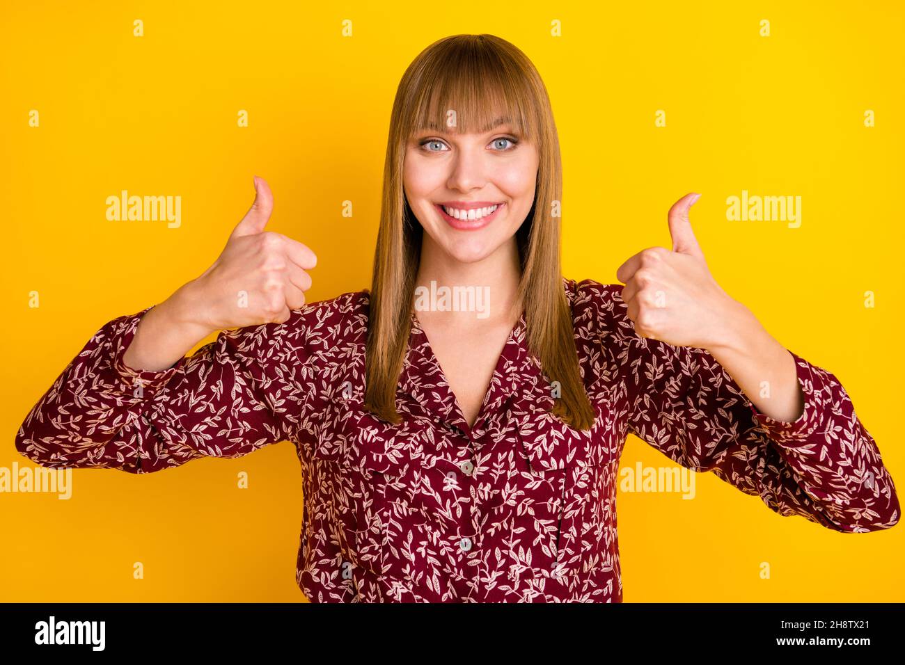 Photo of young attractive woman happy positive smile show thumb-up ...