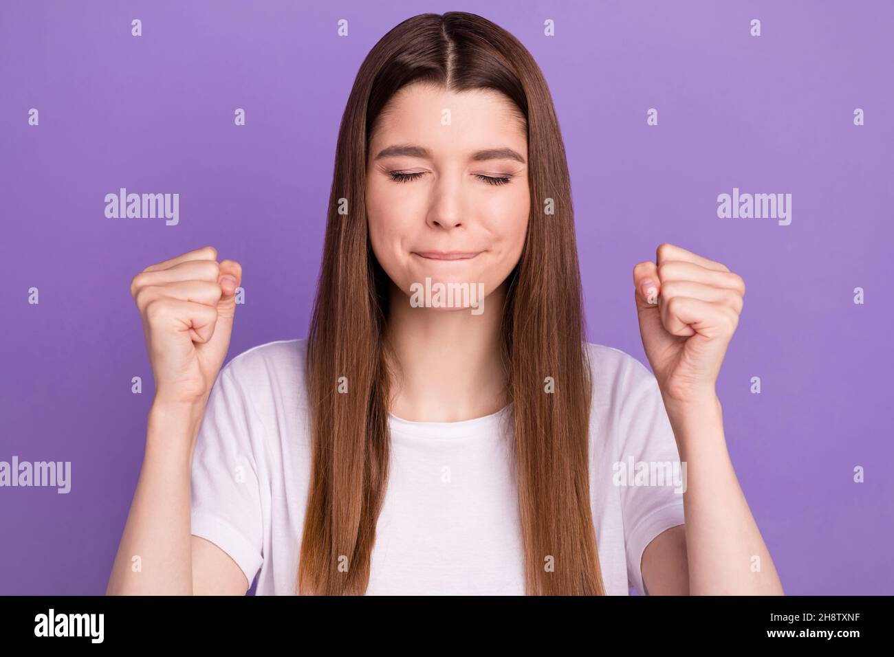Portrait of attractive lucky dreamy girl fan praying expecting isolated ...