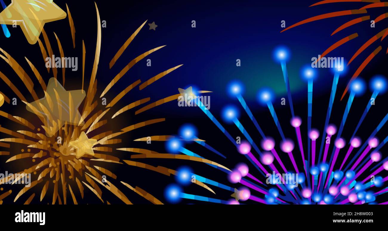 Image of gold christmas stars and new year fireworks on dark blue ...