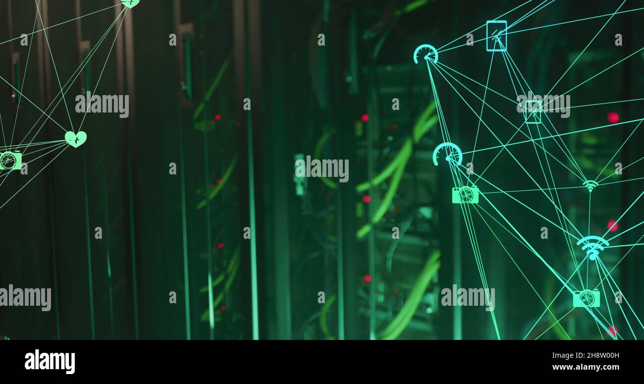 Image of networks of connections over green lights of computer servers ...