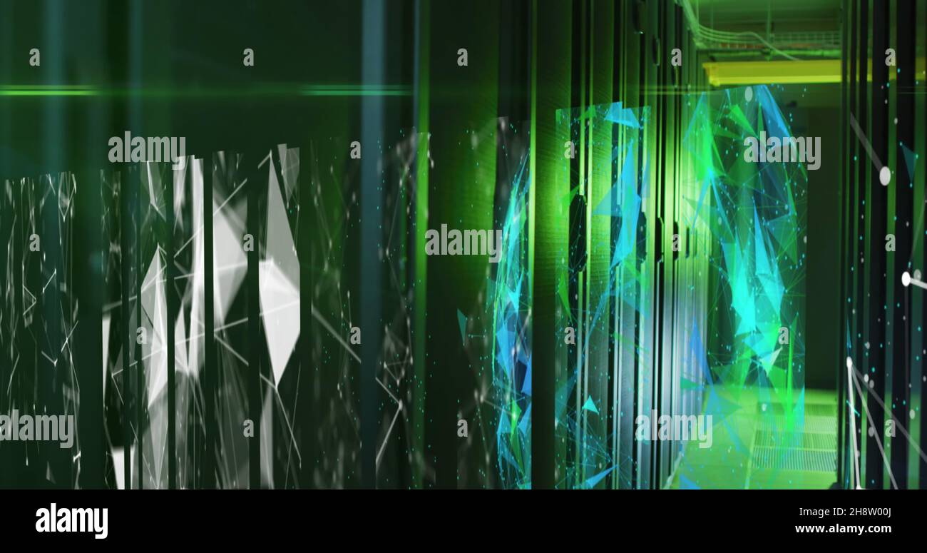 Image of networks of connections over tech room with computer servers ...