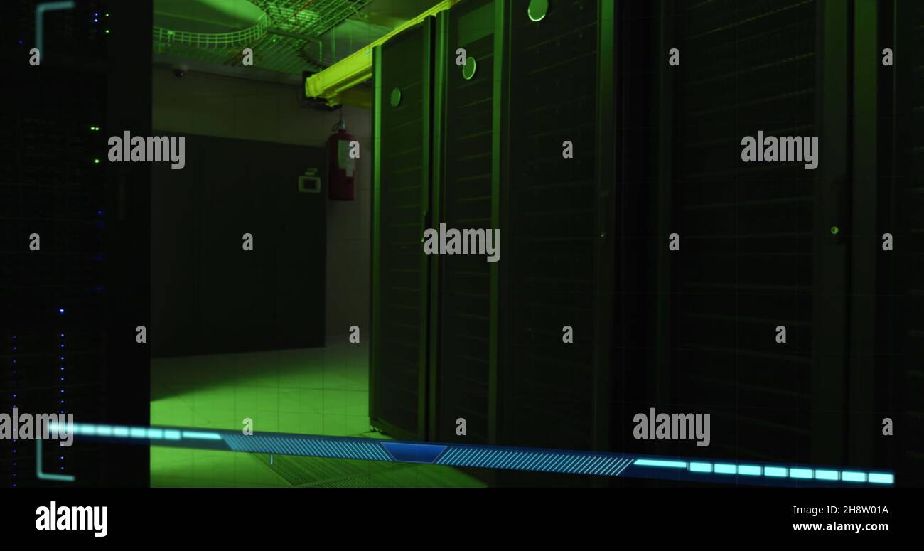 Image of data processing and text over green lights of computer server ...