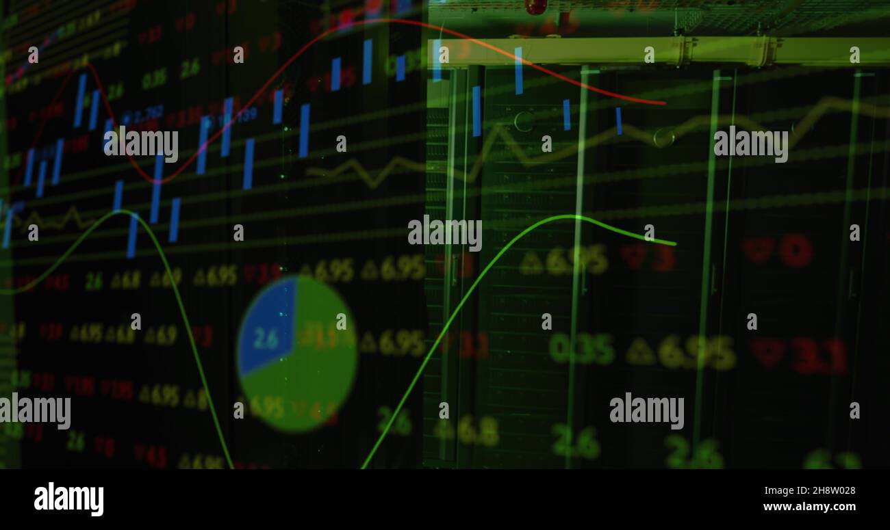 Image of data processing over green lights of computer server Stock ...