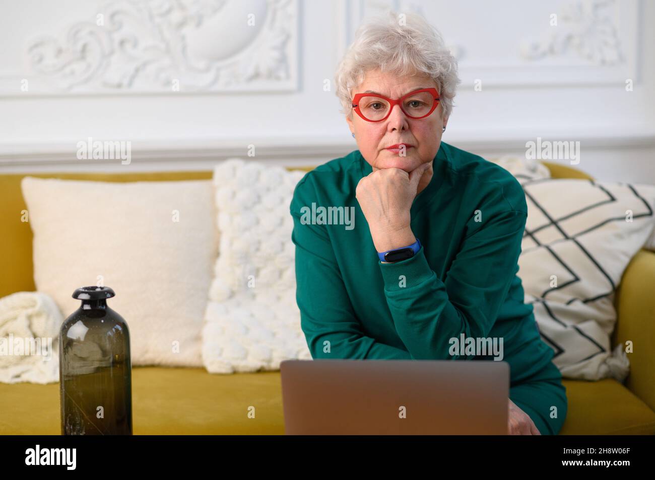 Senior mature older woman watching business training, online webinar on ...