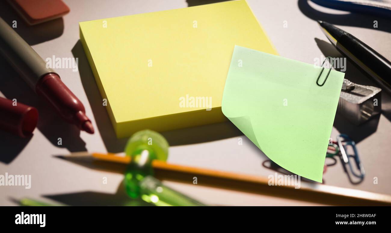Image of memo note with copy space over stationery items on desk Stock ...