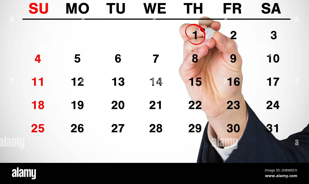 Image of hand drawing red ring over january 1st on a monthly calendar ...