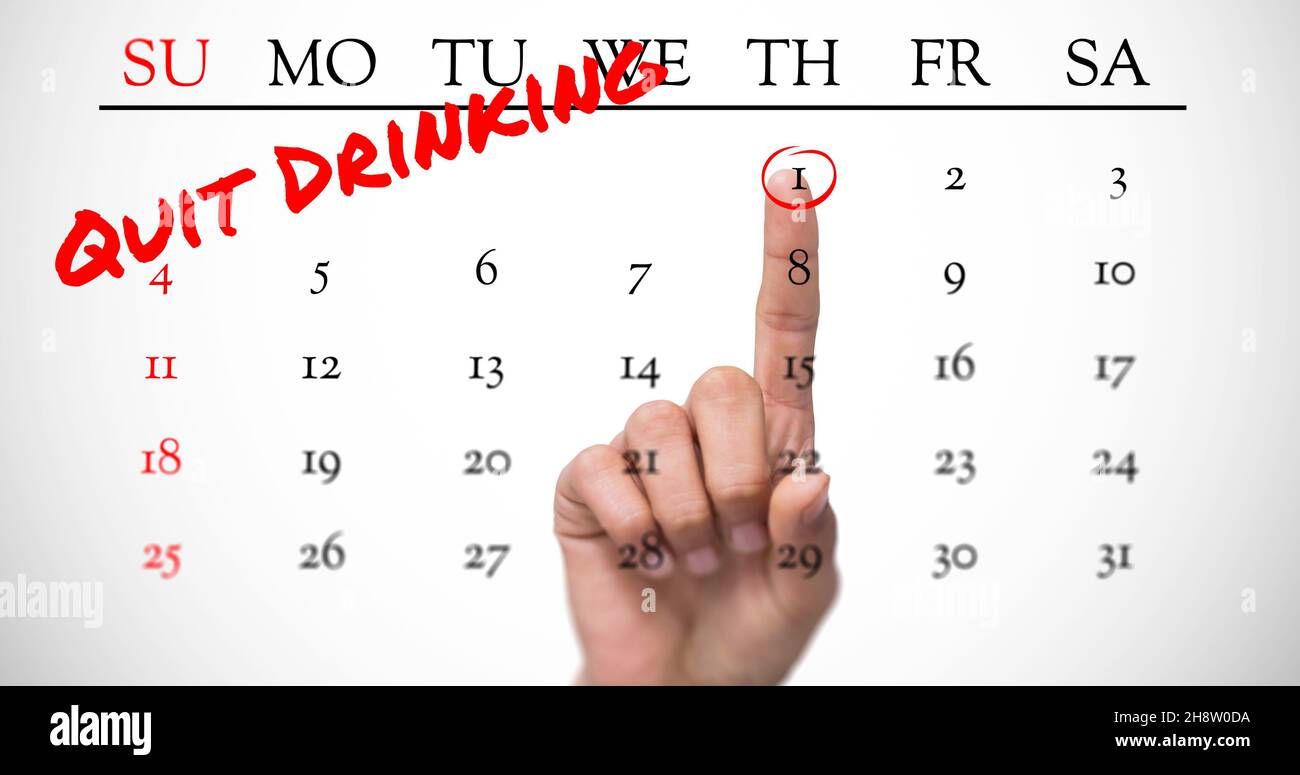 Image of quit drinking in red text and finger pointing to january 1st ...